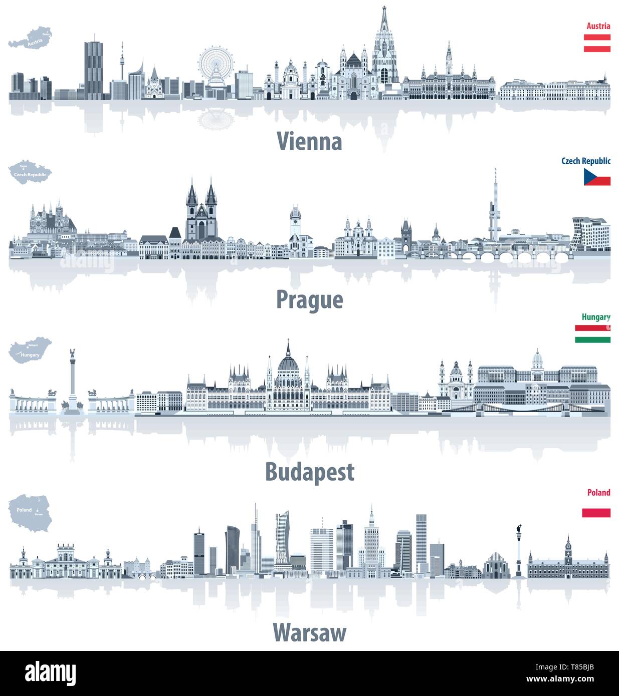 vector city skylines of Vienna, Prague, Budapest and Warsaw Stock ...