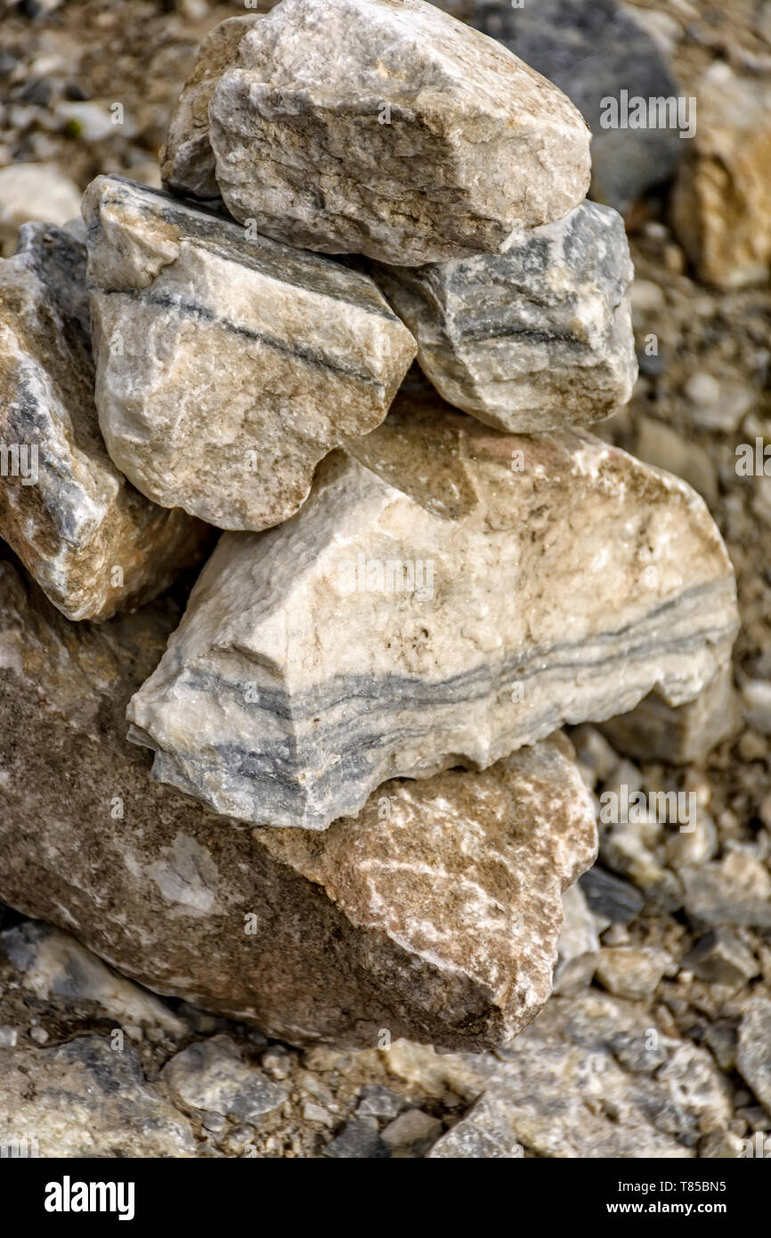 Stone pyramids built by tourists from pieces of marble in the mountain ...