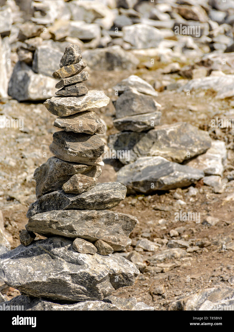 Stone pyramids built by tourists from pieces of marble in the mountain ...