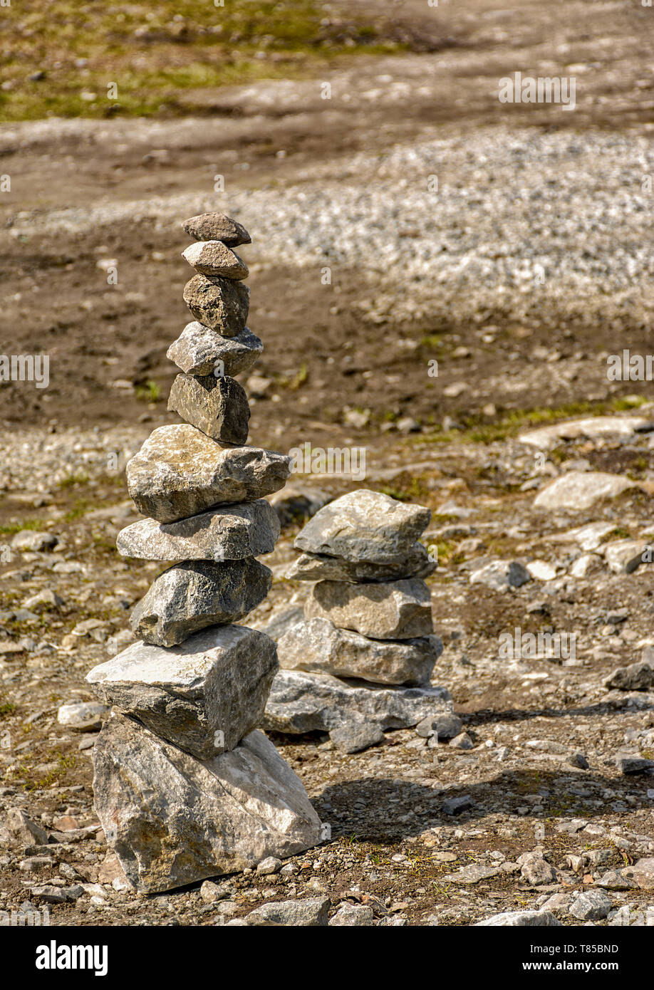 Stone pyramids built by tourists from pieces of marble in the mountain ...