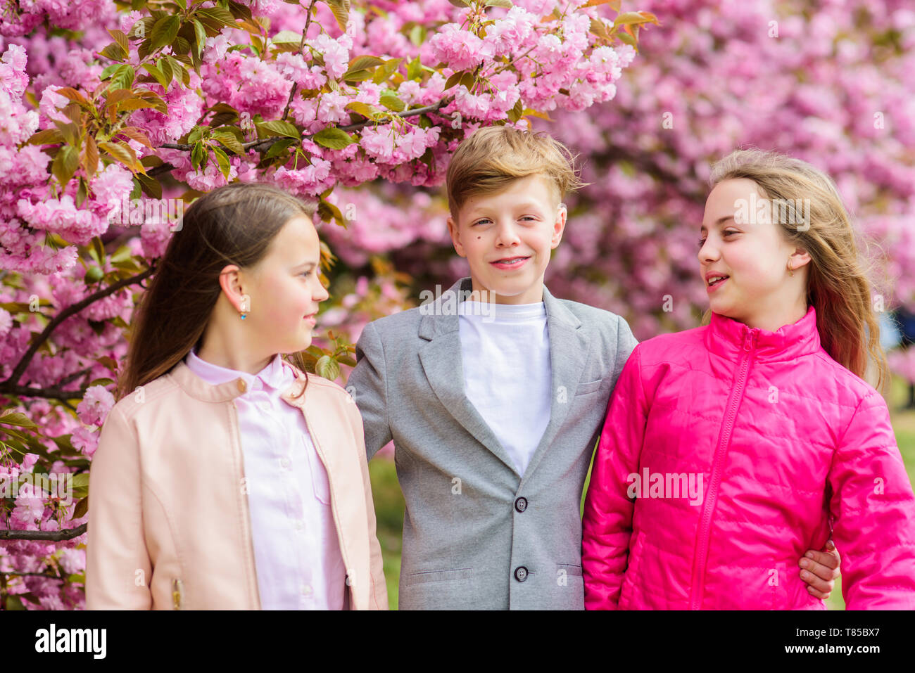 Children enjoy warm spring. Lost in blossom. Girls and boy friends ...