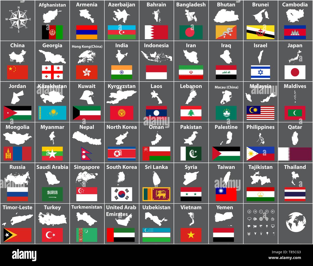 Vector Maps And Flags Of All Asian Countries Arranged In Alphabetical Vector Maps And Flags Of All Asian Countries Arranged In Alphabetical