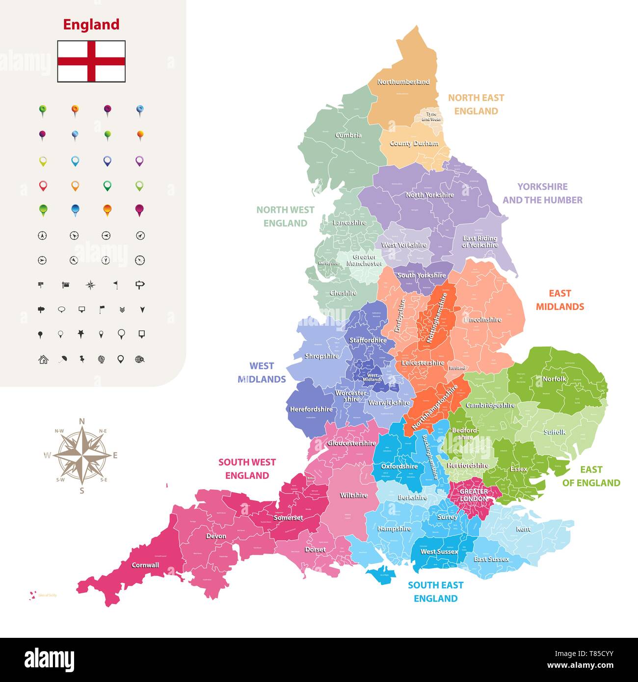 England counties map hi-res stock photography and images - Alamy