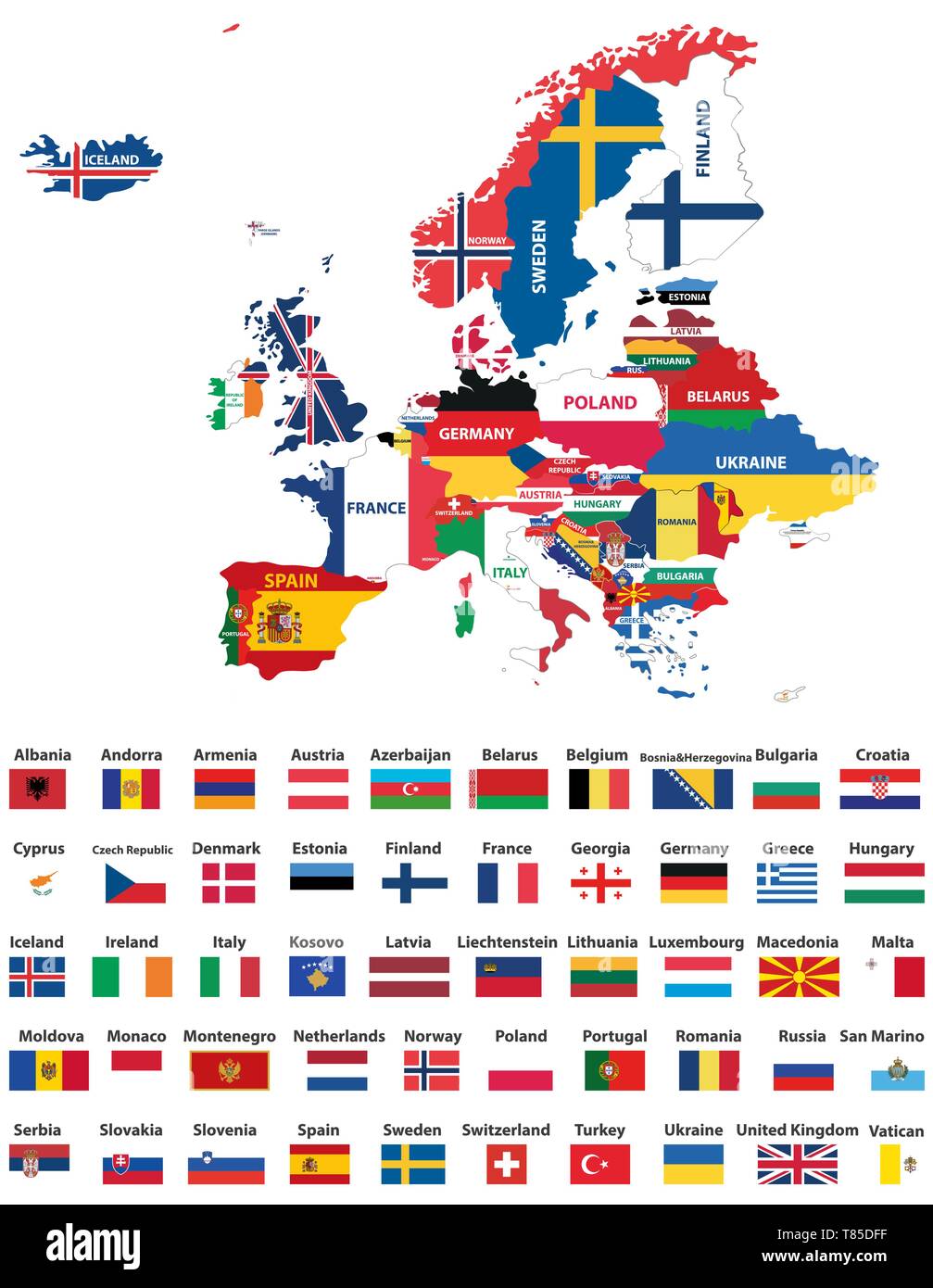 Europe vector high detailed map mixed with national flags Stock Vector ...