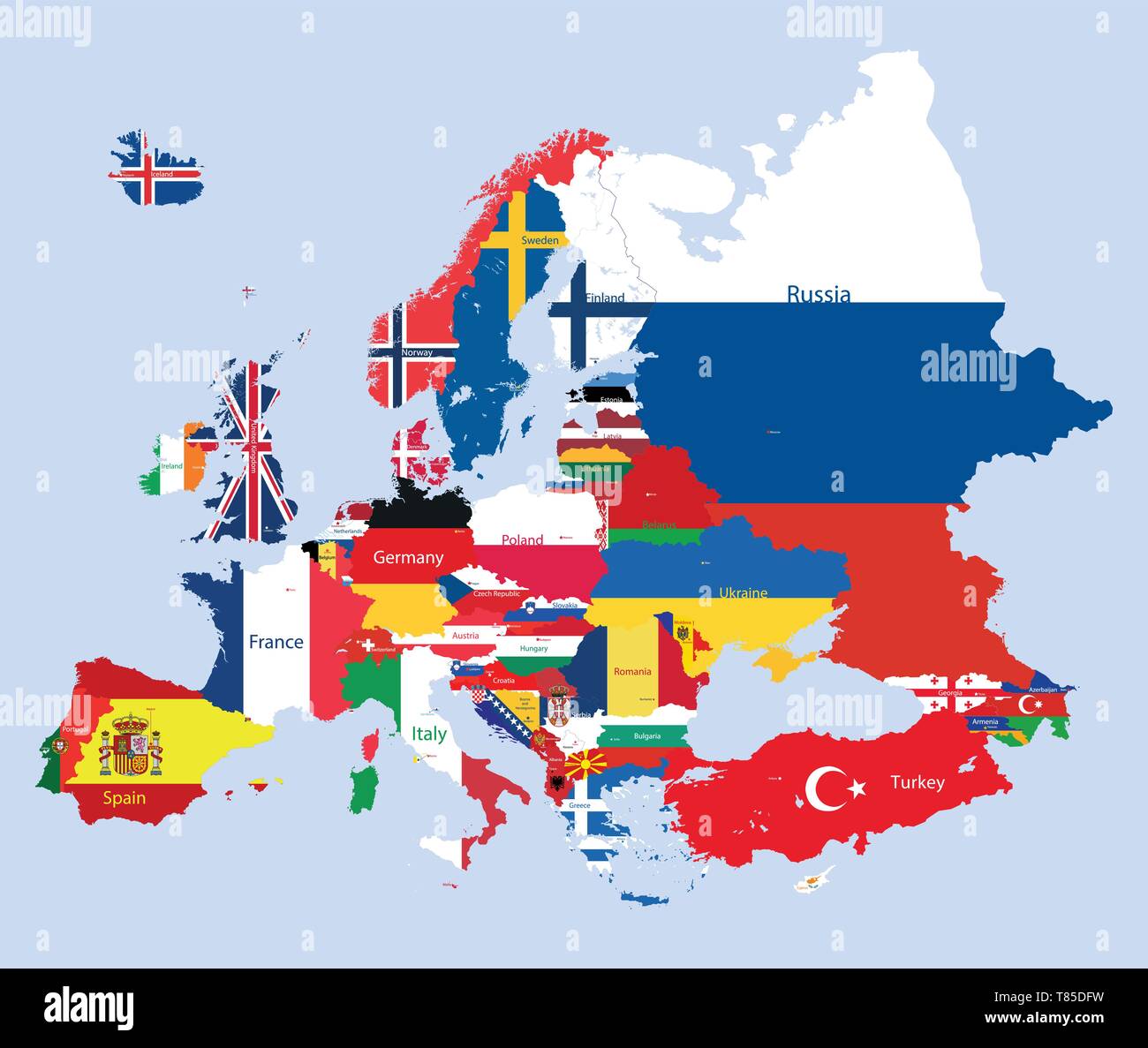 Europe vector high detailed map mixed with national flags Stock Vector ...
