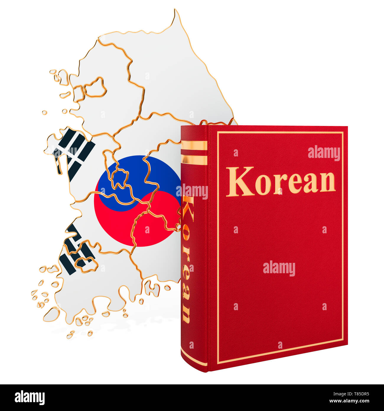 Korean language book with map of South Korea, 3D rendering isolated on ...