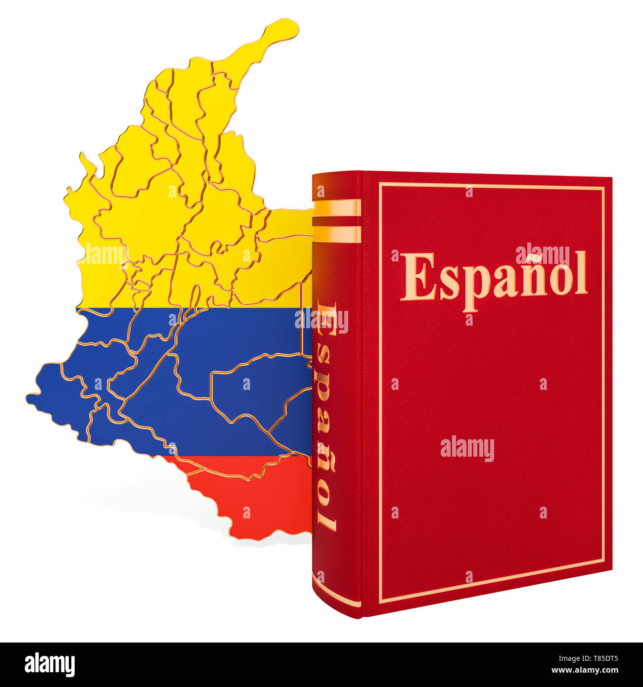 Spanish language book with map of Columbia, 3D rendering isolated on ...