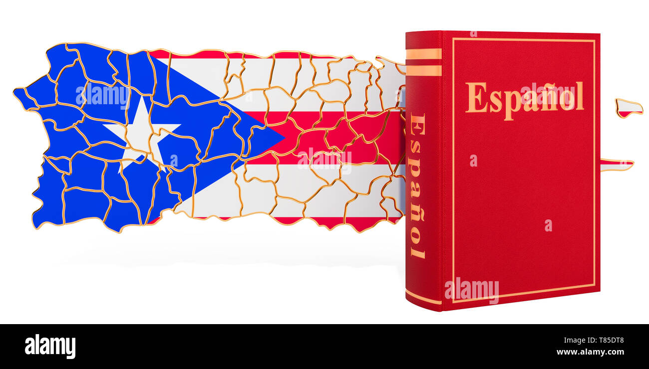 Spanish language book with map of Puerto Rico, 3D rendering isolated on ...