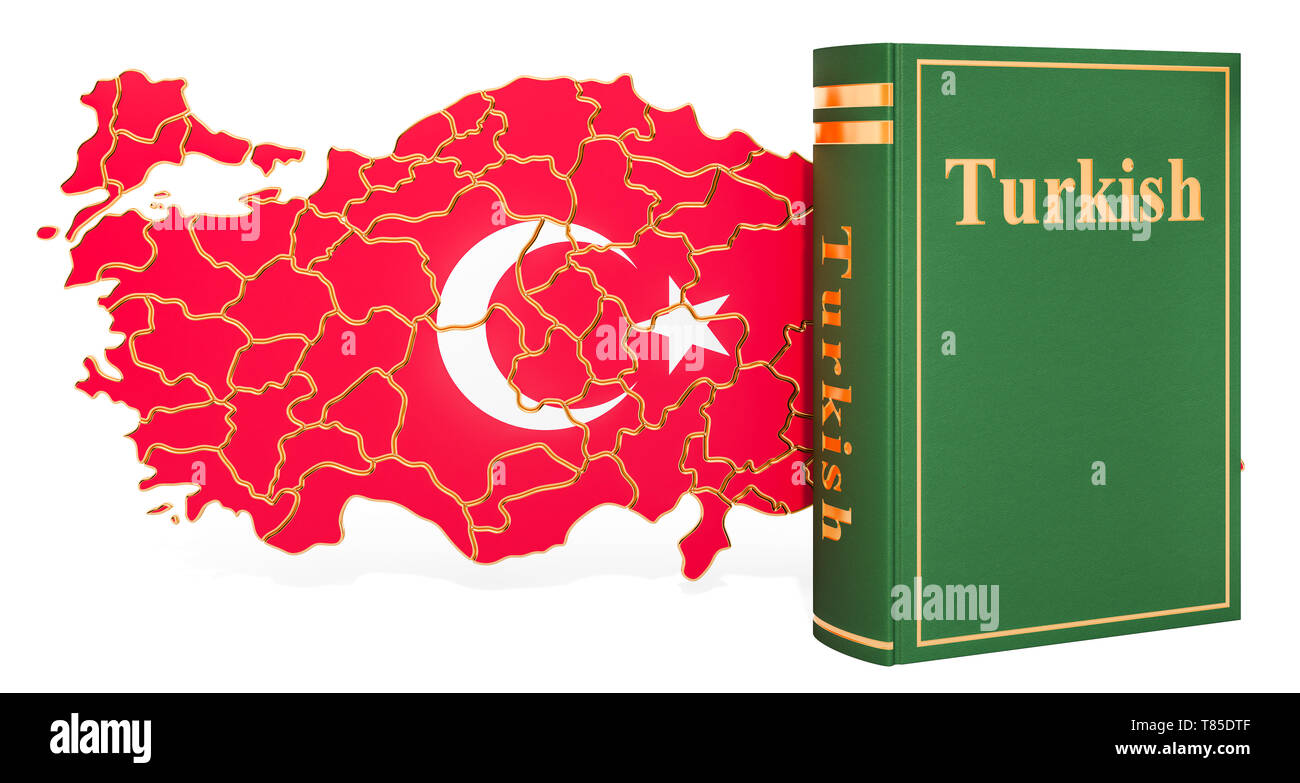 Turkish language book with map of Turkey, 3D rendering isolated on ...