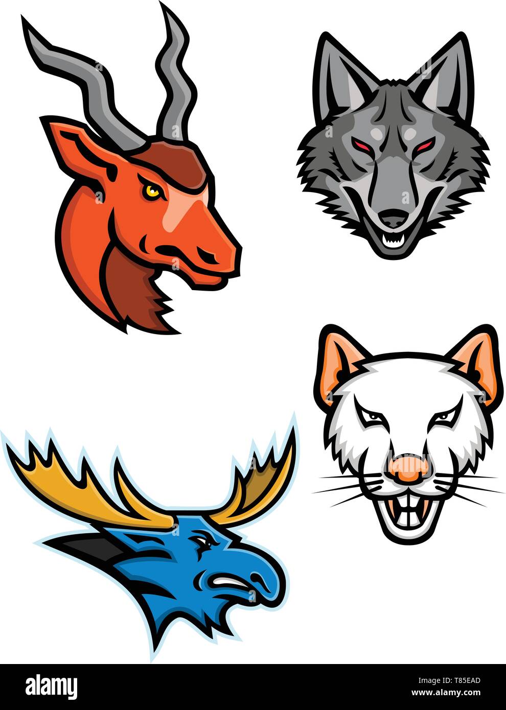 Mascot icon illustration set of heads of an addax, grey coyote, bull ...