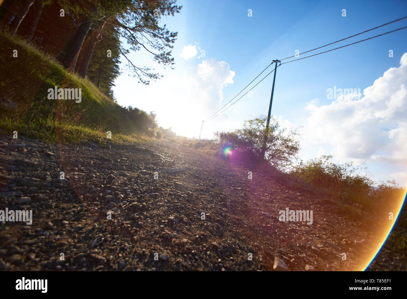 Low angle shot of a dirt road up a hill with sun flaring directly into ...