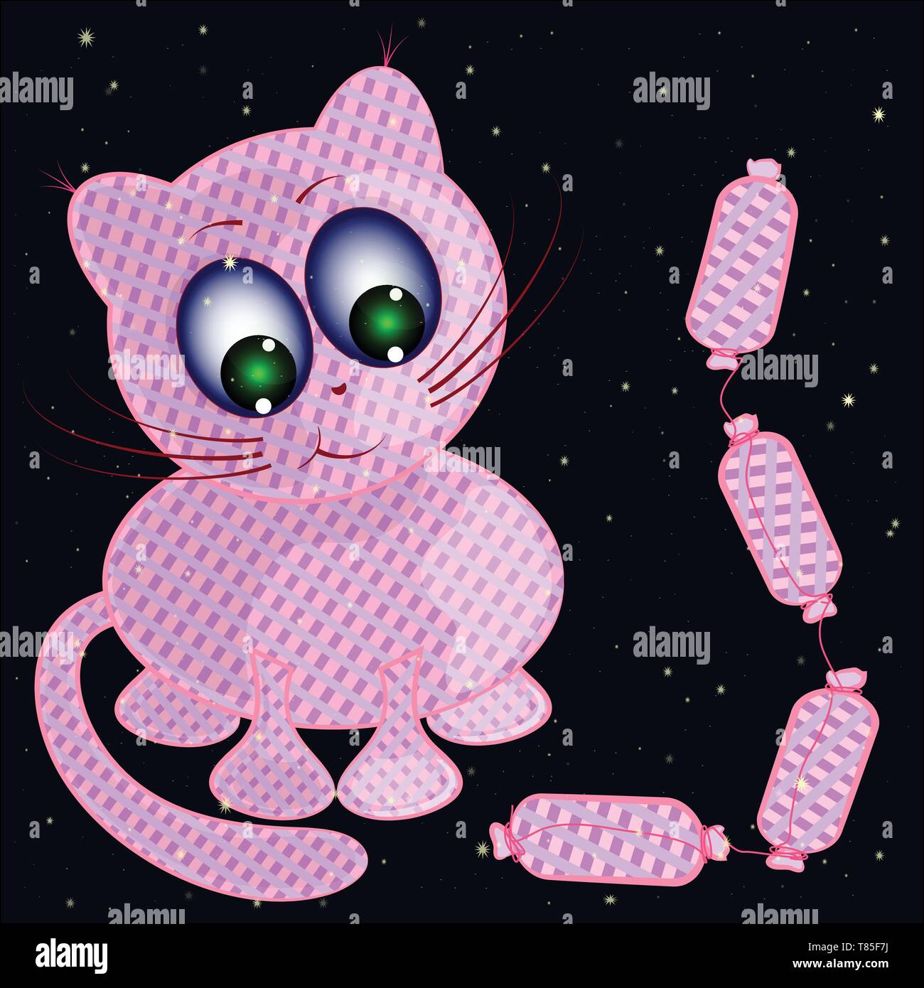 Cat and stars cartoon vector illustration. kitten and sausages cartoon ...
