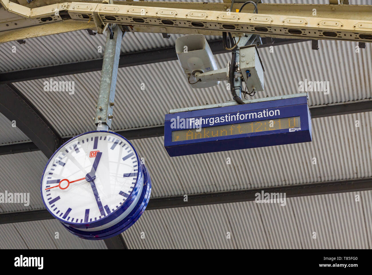 Wismar, Germany - June 24, 2014: Railway clock with a logo of German ...