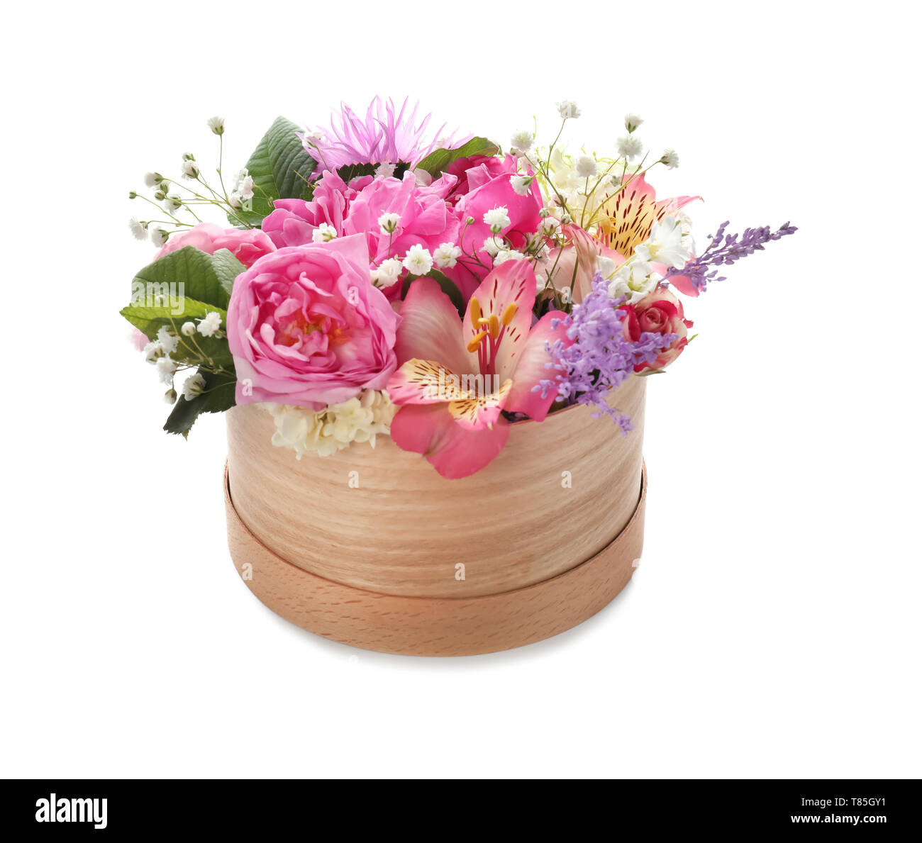 Gift box with beautiful flowers on white background Stock Photo - Alamy