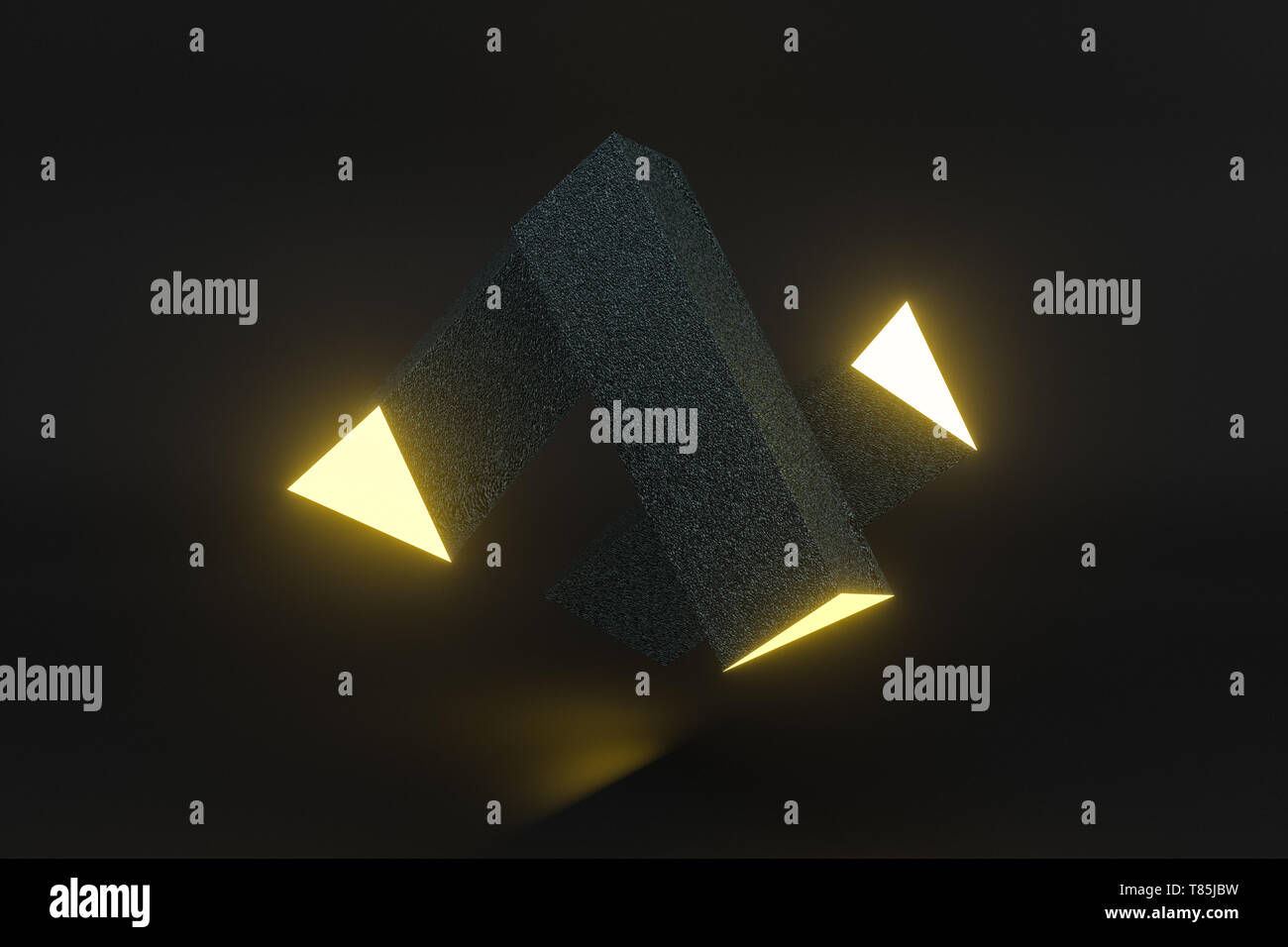 3d rendering, yellow glowing triangle pillar with dark background ...