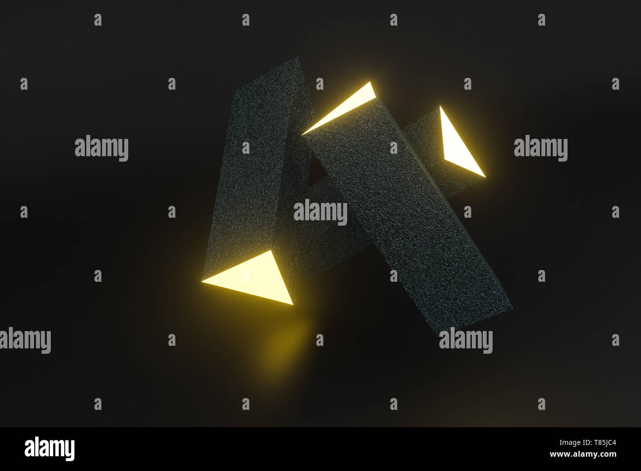 3d rendering, yellow glowing triangle pillar with dark background ...