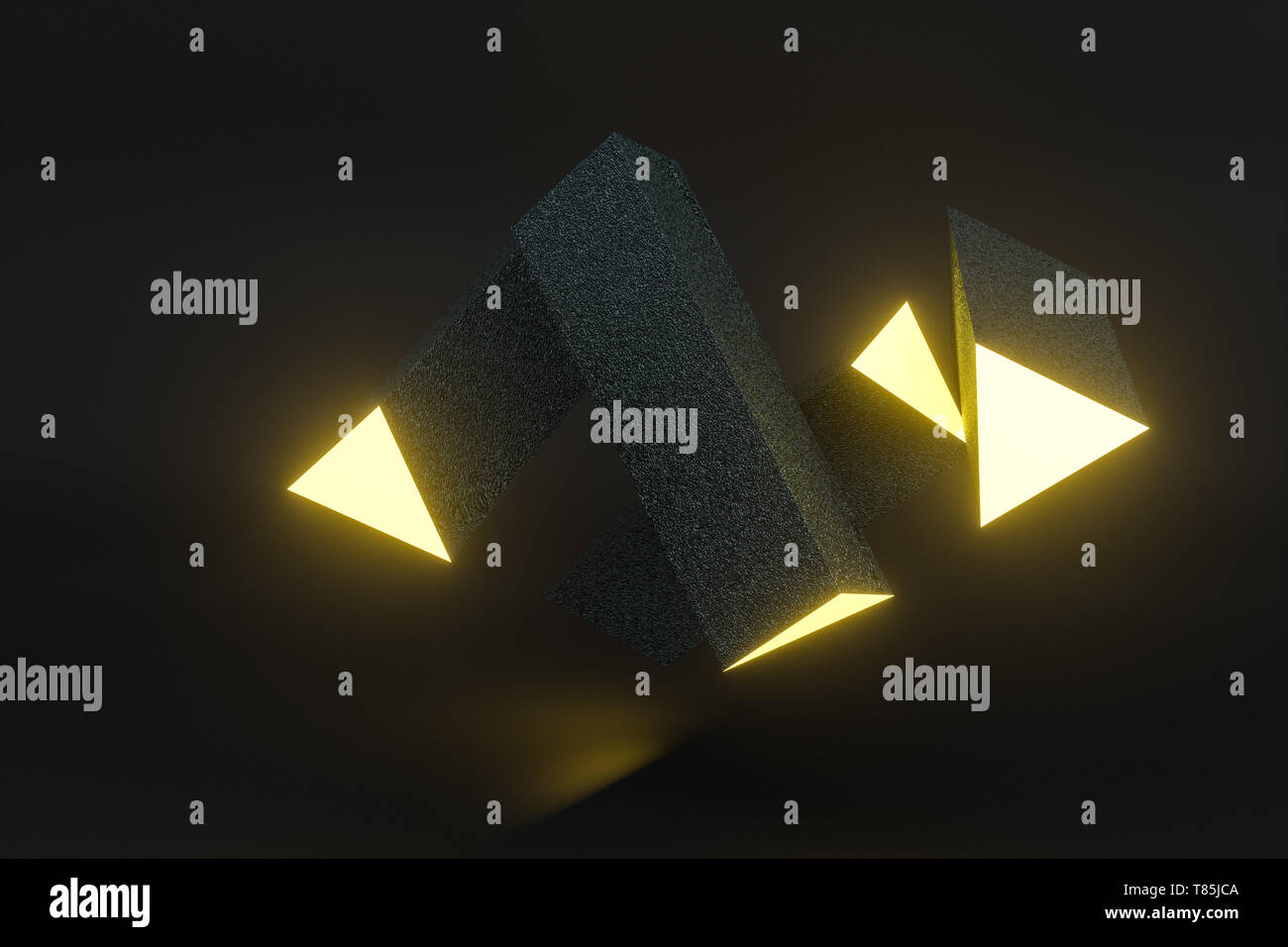 3d rendering, yellow glowing triangle pillar with dark background ...