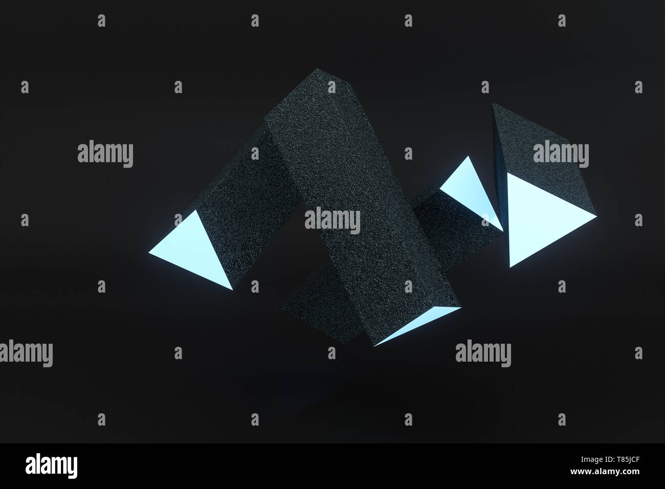 3d rendering, blue glowing triangle pillar with dark background ...
