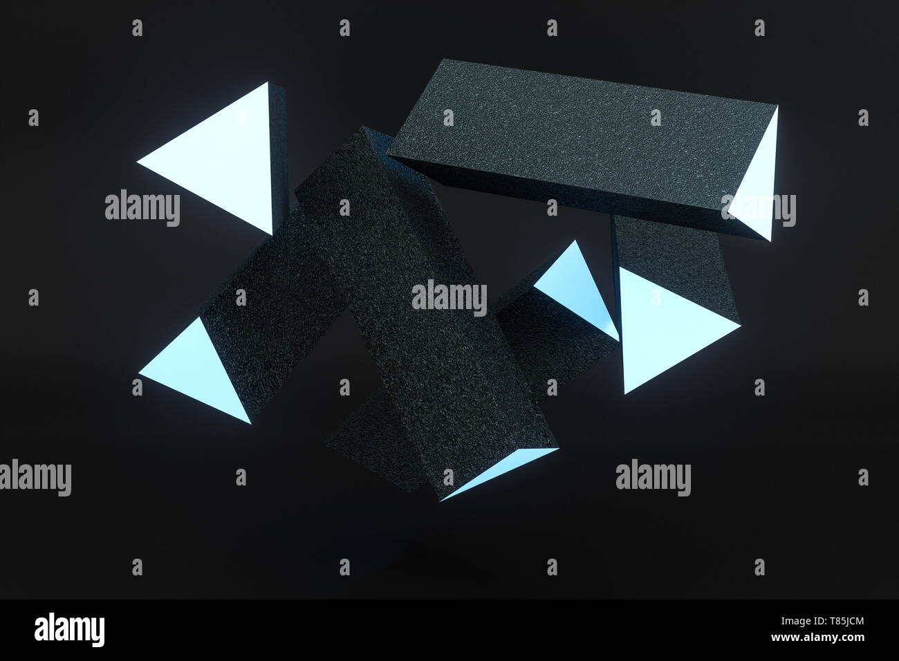 3d rendering, blue glowing triangle pillar with dark background ...