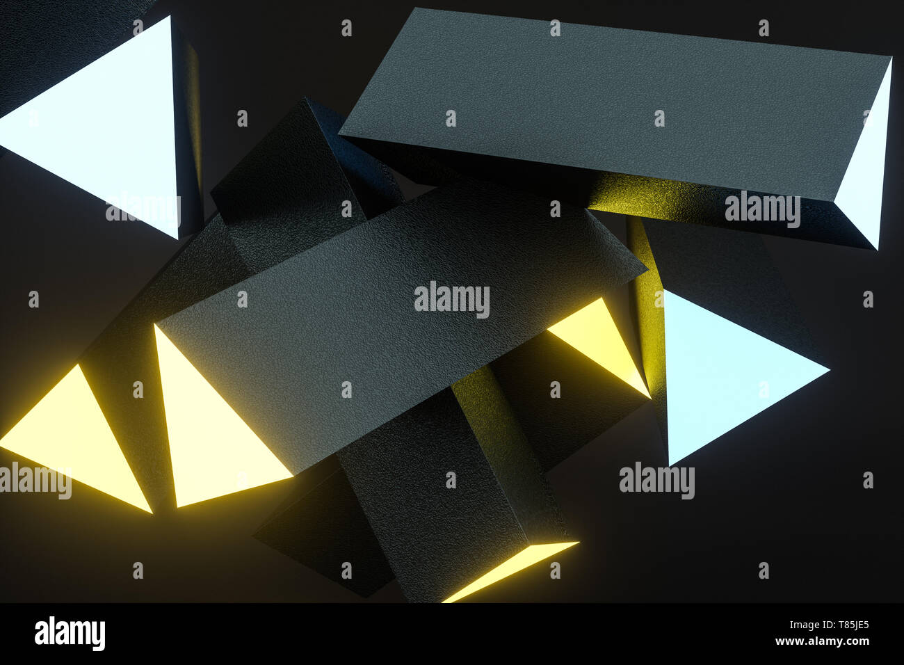 3d rendering, yellow glowing triangle pillar with dark background ...