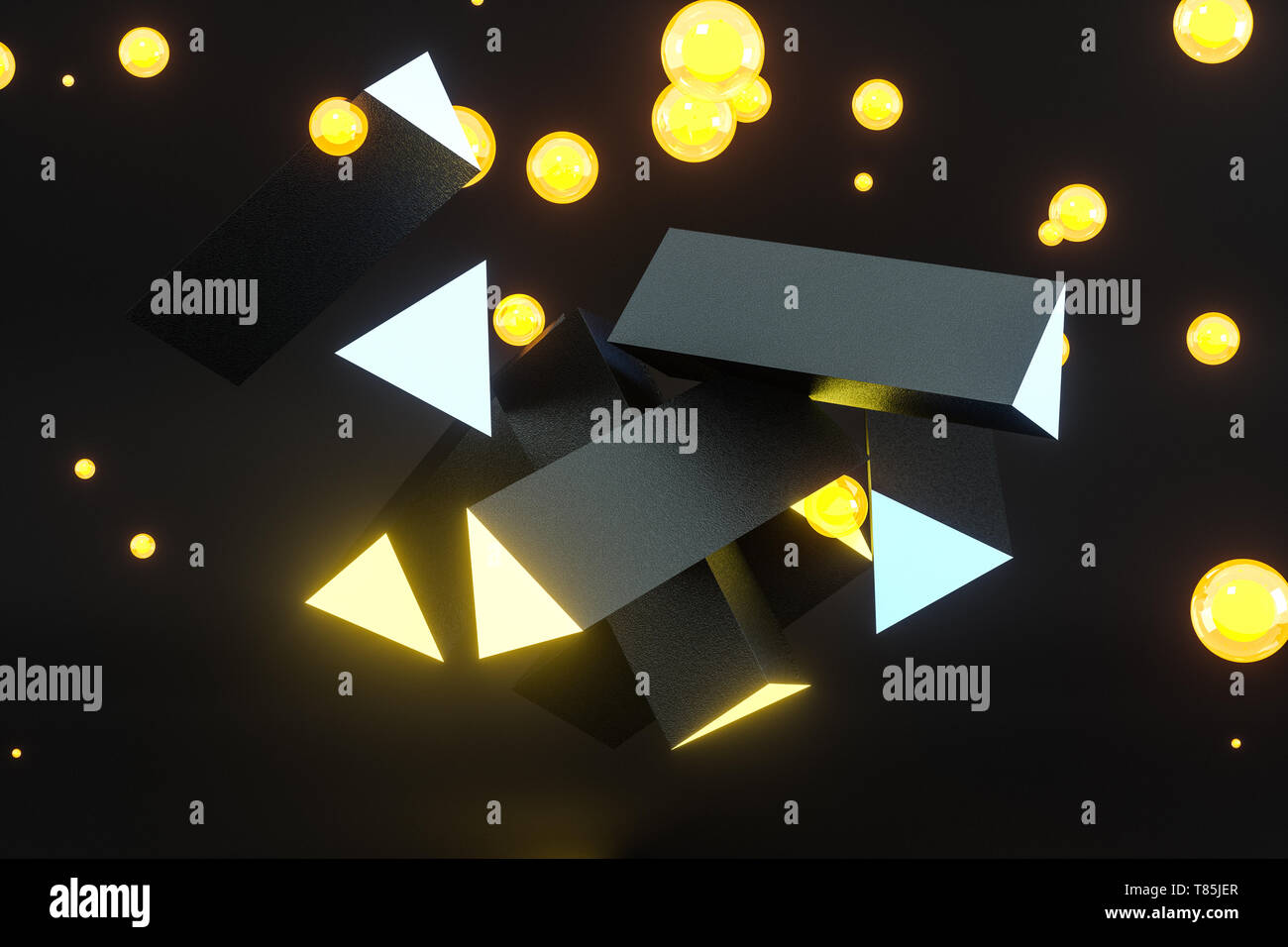 3d rendering, yellow glowing triangle pillar with dark background ...