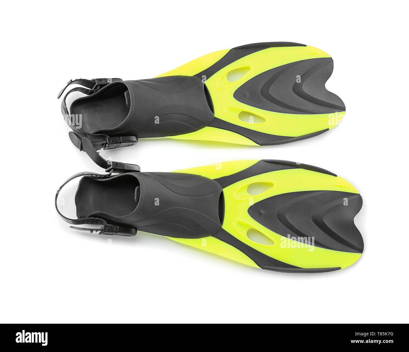 Pair of flippers on white background Stock Photo - Alamy