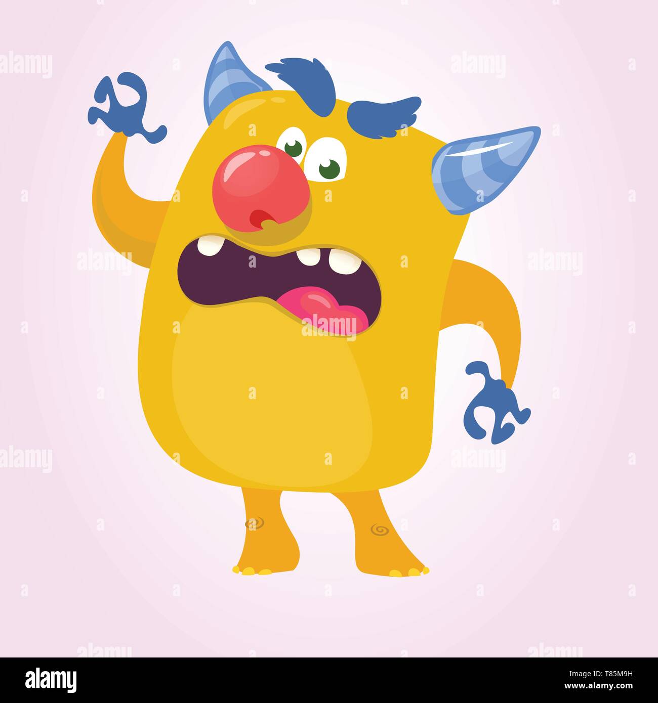 Cartoon Scary Monster With Big Mouth Laughing and waving. Vector yellow ...