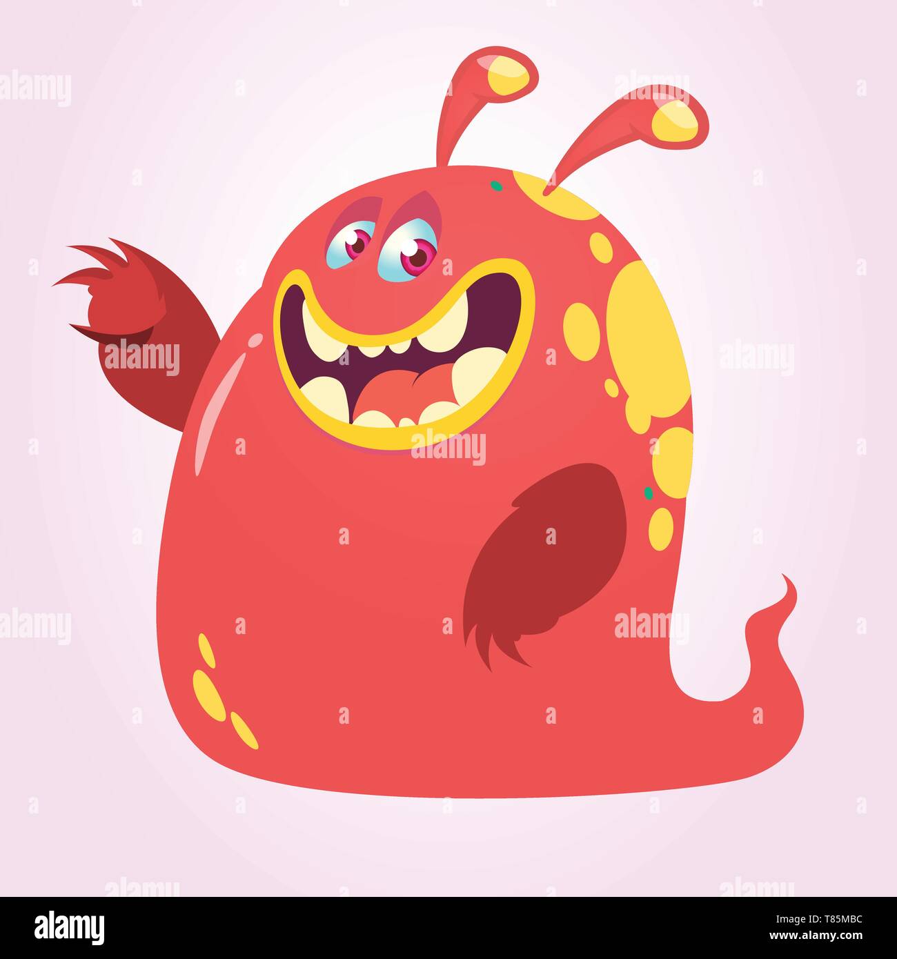 Funny and happy cartoon monster or ghost pointing hand. Vector ...