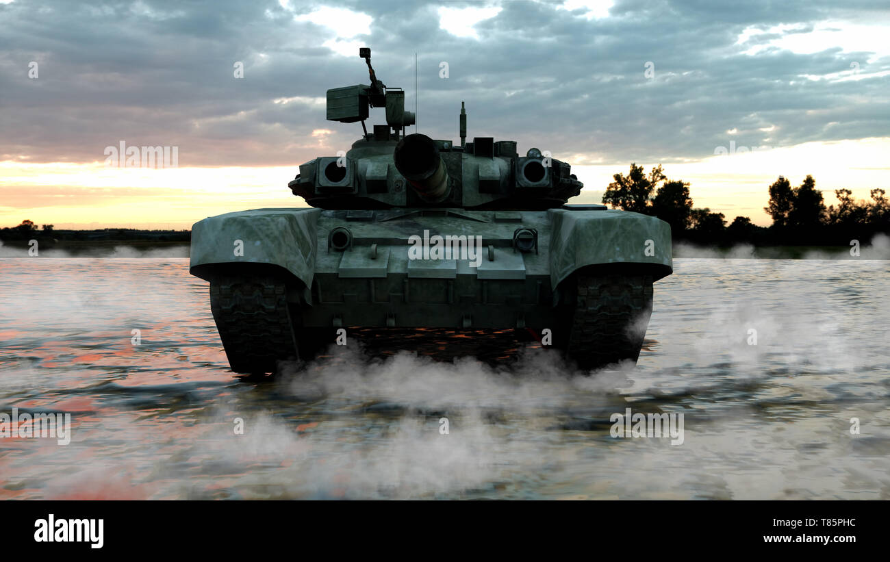 Heavy Military Tank in Battlefield Landscape at Sunset with Beautiful ...