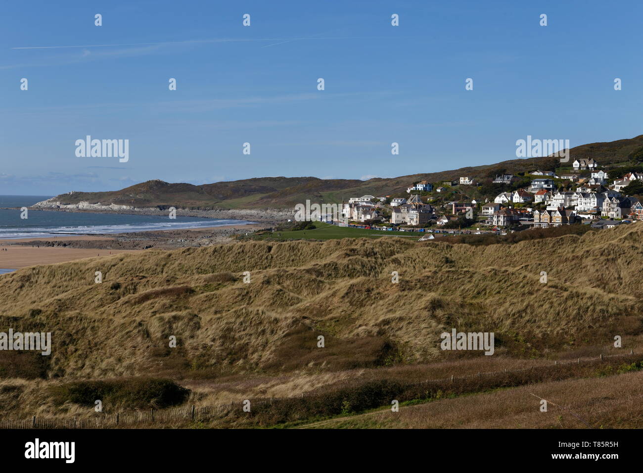 View of Woolacombe the sand dunes and beach in Devon Stock Photo - Alamy