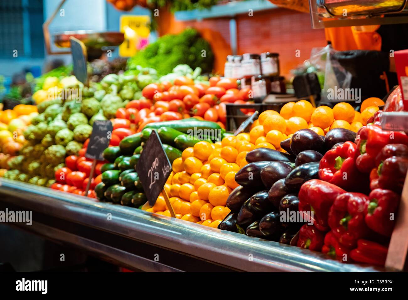 Vegetable stall on bazaar with colorful vegetables and fruits for sale ...