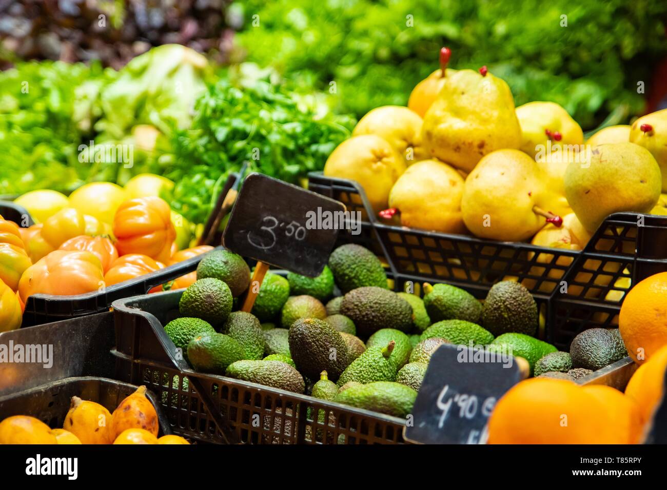 Vegetable stall on bazaar with colorful vegetables and fruits for sale ...