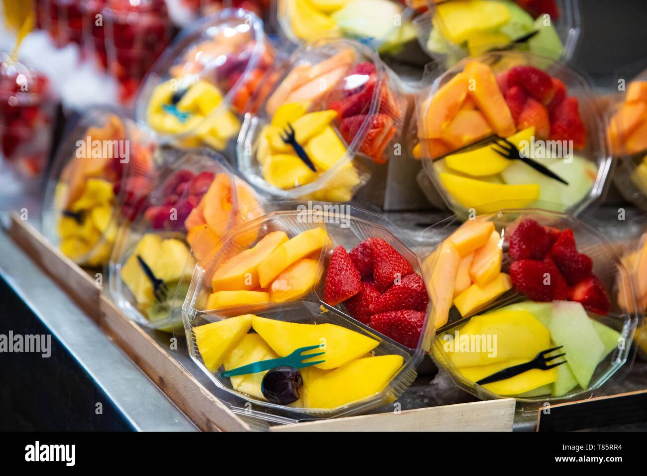 Fresh fruits snacks on market stall for sale Stock Photo - Alamy