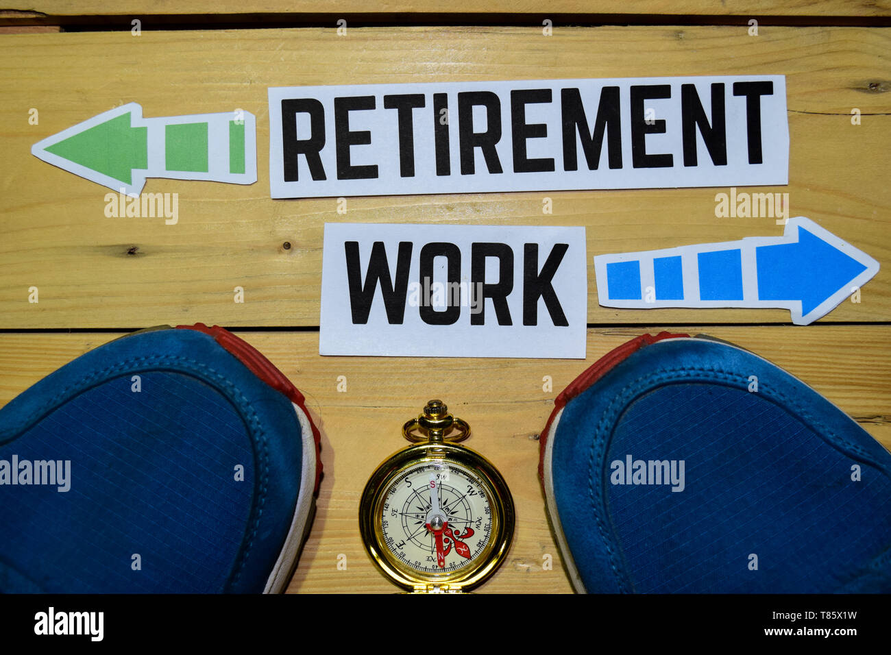 Retirement or Work opposite direction signs with sneakers and compass ...