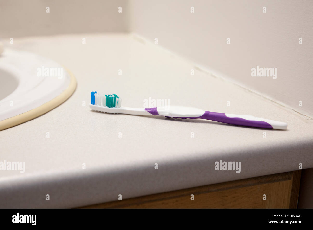 A purple and white toothbrush is on the bathroom counter at home Stock ...