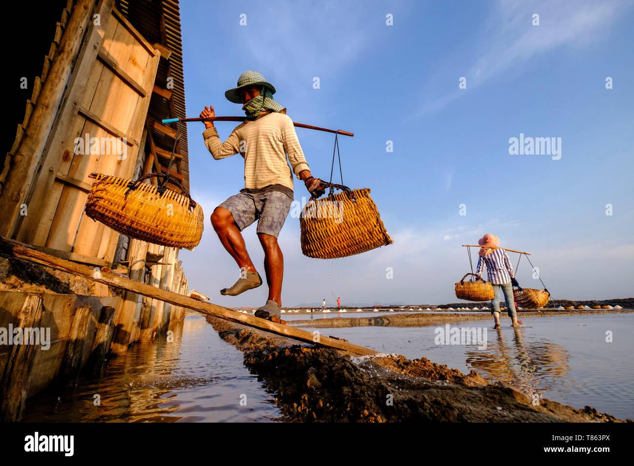 Cambodia, Kampot province, Kampot, salt pond, harvesting salt Stock ...