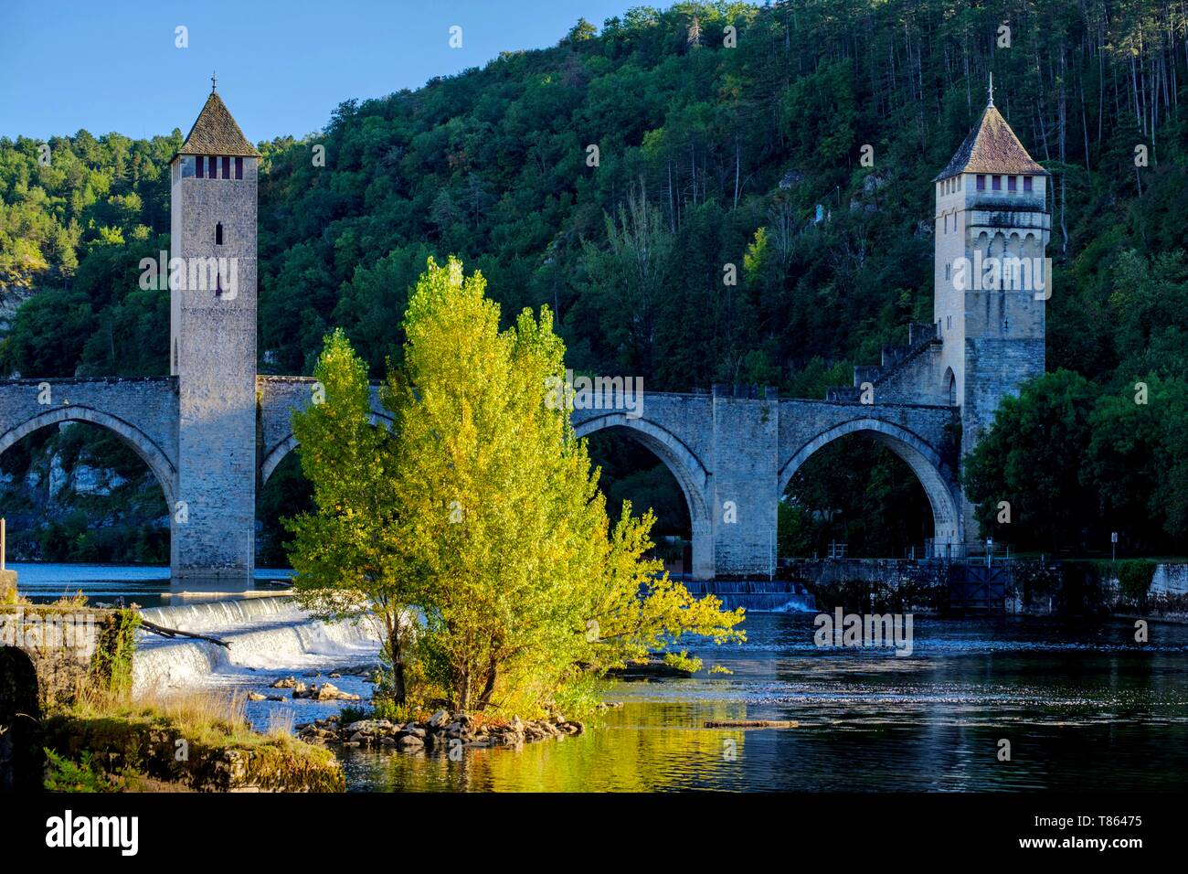France, Quercy, Lot, Cahors, The Valentre bridge above Lot river, dated ...