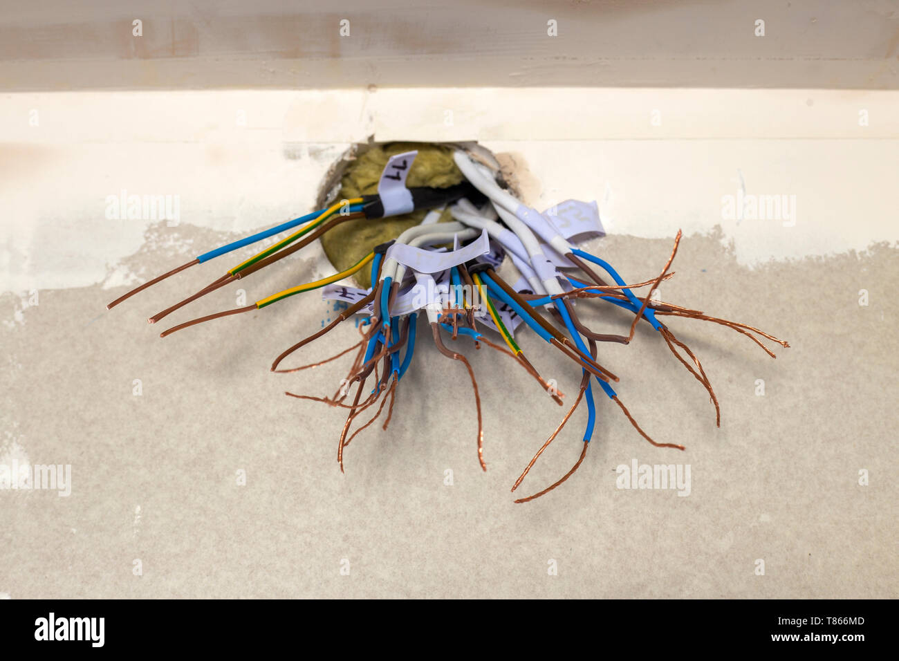 Electrical exposed connected wires protruding from socket on white wall ...