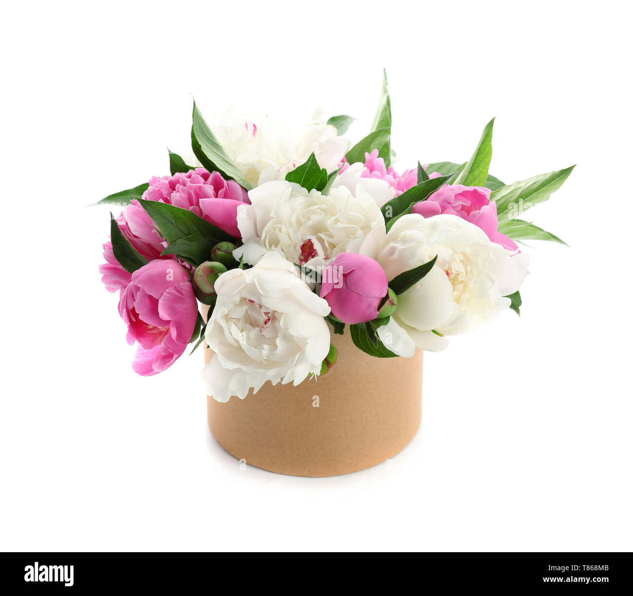 Box with beautiful peony flowers on white background Stock Photo - Alamy