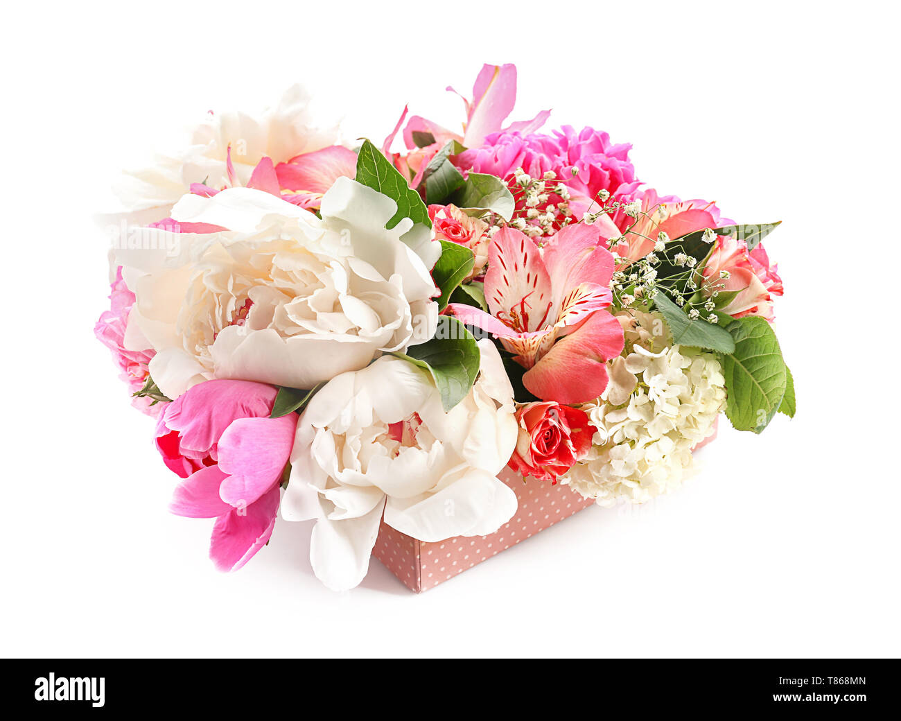 Box with beautiful flowers on white background Stock Photo - Alamy