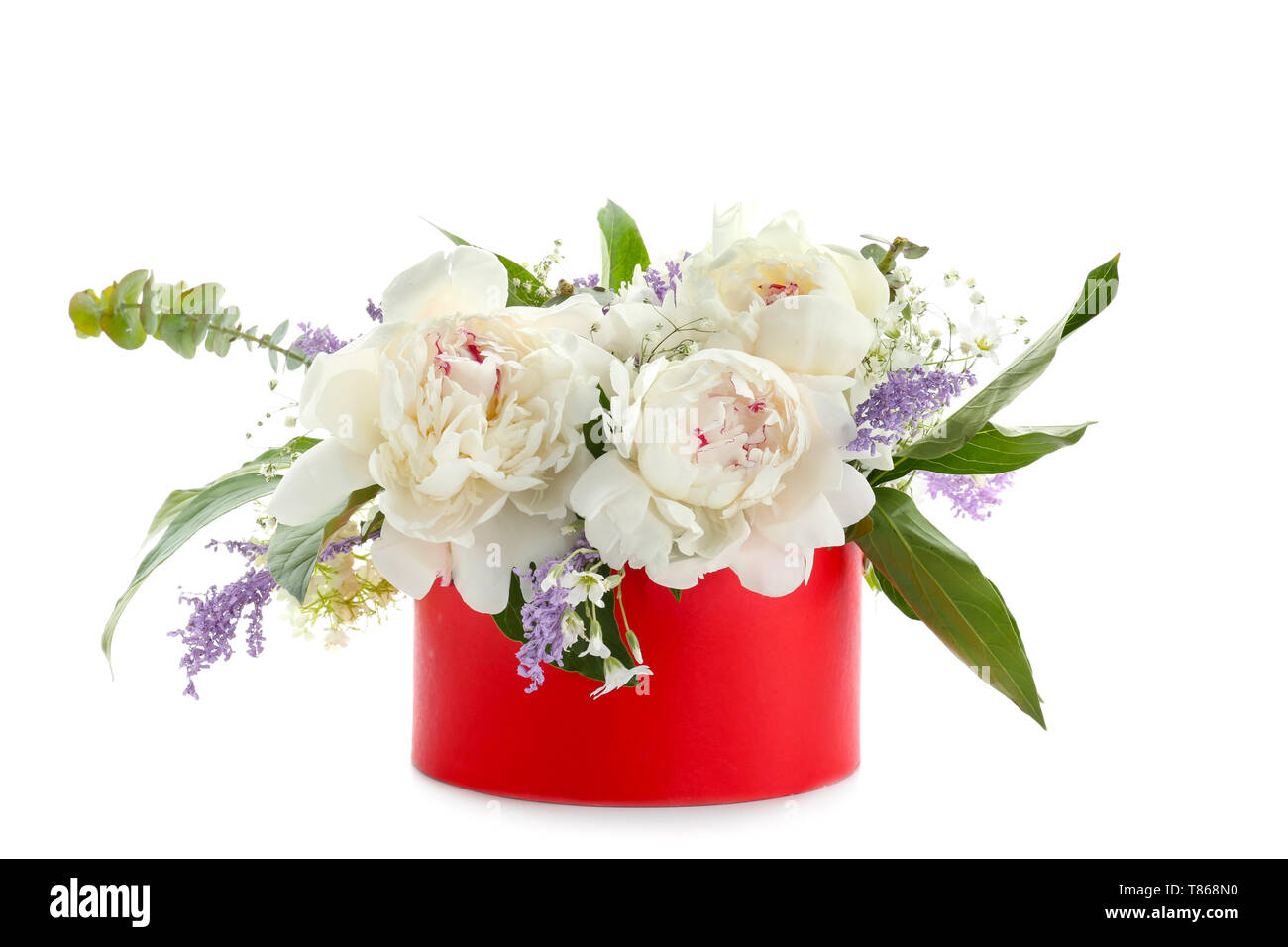 Box with beautiful peony flowers on white background Stock Photo - Alamy