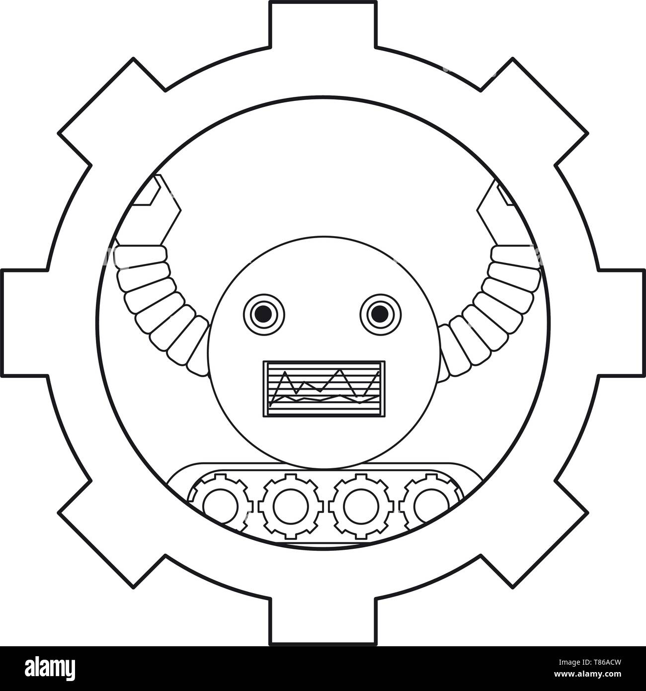 gear with cartoon robot icon over white background black and white ...