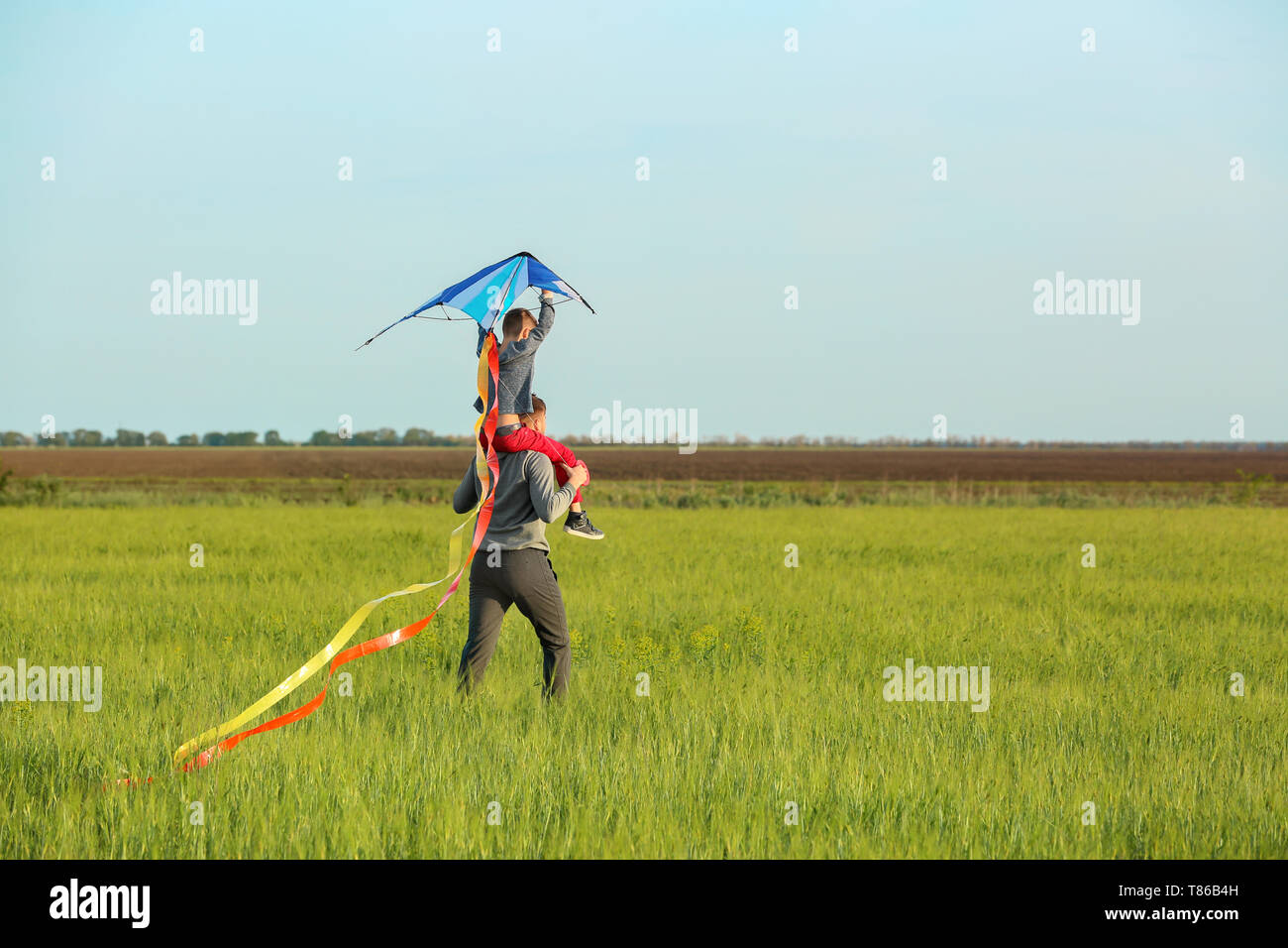 Happy father and son flying kite in the field Stock Photo - Alamy