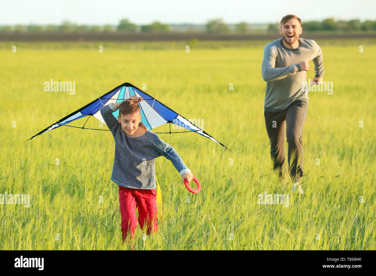 Happy father and son flying kite in the field Stock Photo - Alamy