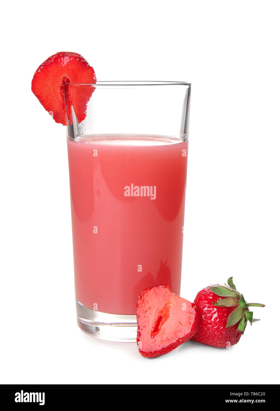 Glass with tasty strawberry starch drink on white background Stock ...