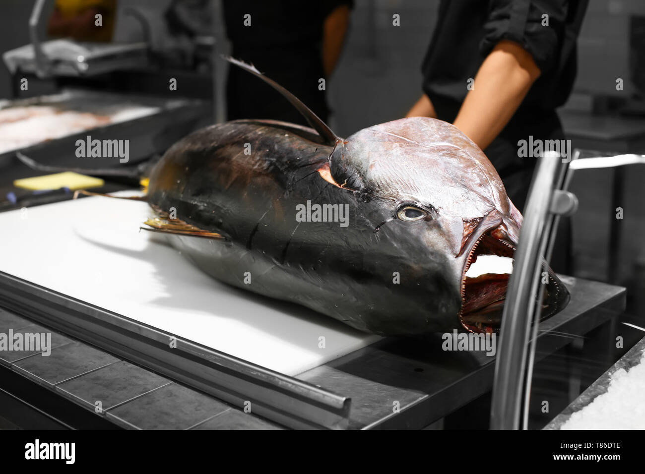 Fresh tuna on table in fish market Stock Photo - Alamy