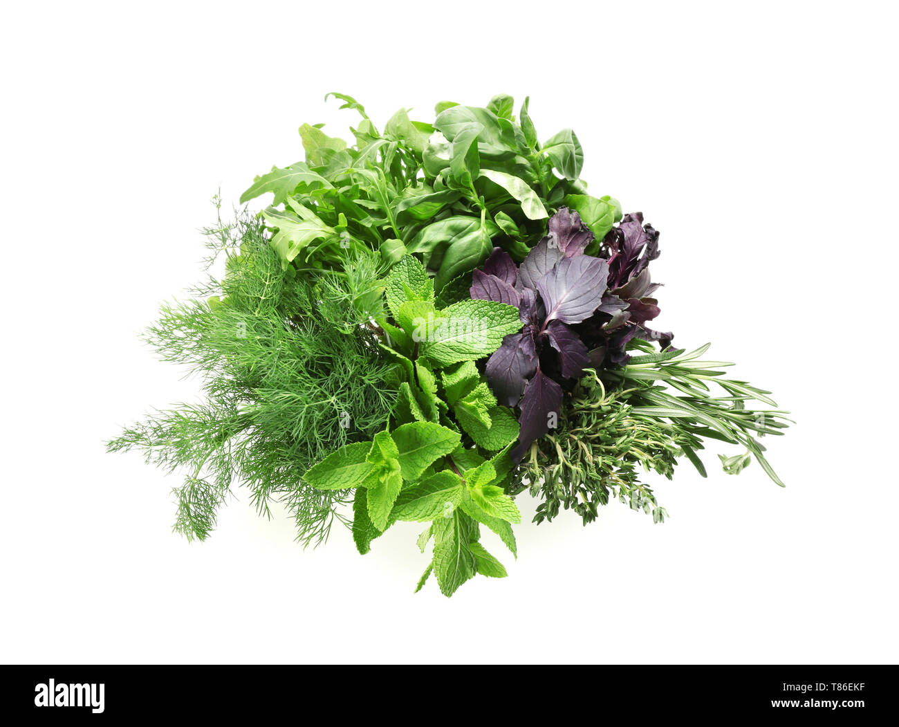 Bunches of fresh herbs on white background Stock Photo - Alamy