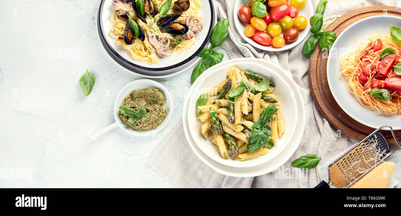 Plates of pasta. Italan food. Top view. Panorama, banner Stock Photo ...