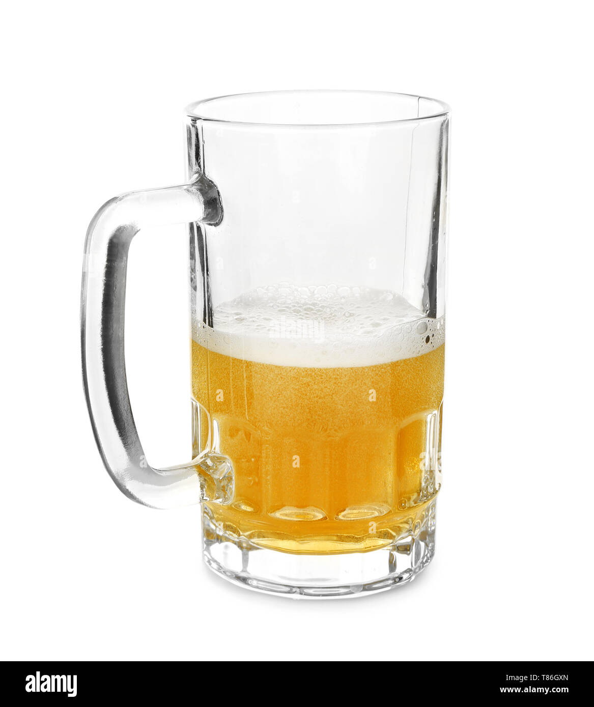 Half-filled mug of cold beer on white background Stock Photo - Alamy