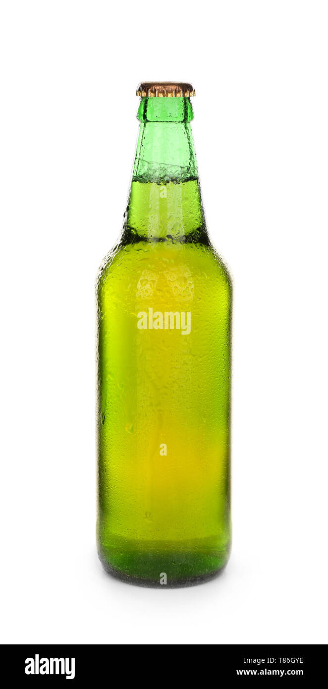 Glass bottle of cold beer on white background Stock Photo - Alamy